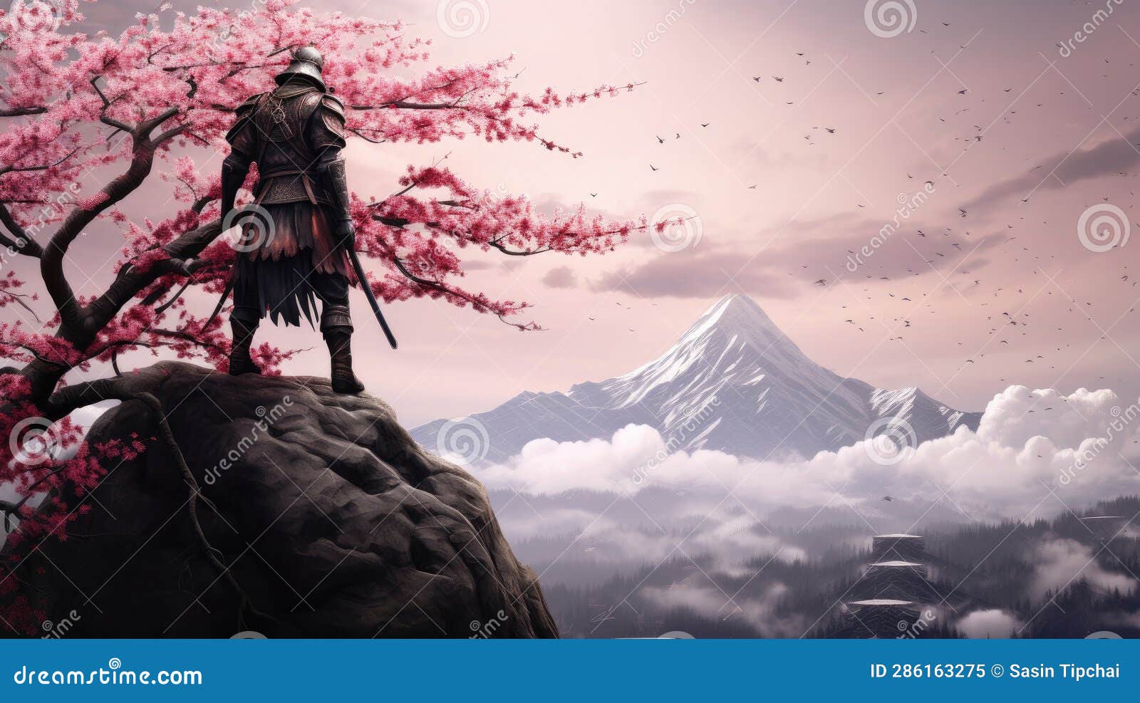 Samurai on Top of Mountain with Sakura Tree Stock Illustration ...