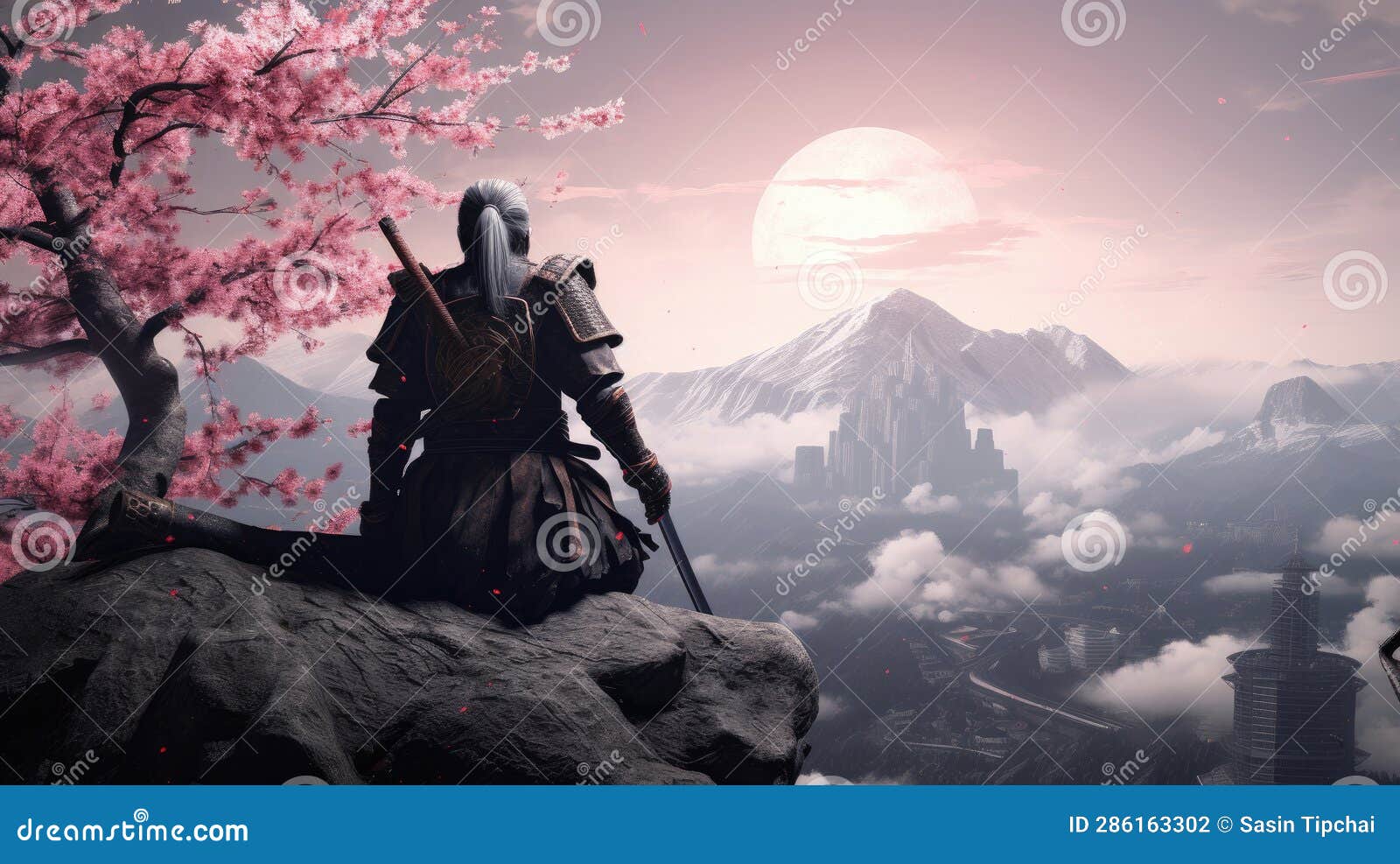Samurai on Top of Mountain with Sakura Tree Stock Illustration ...