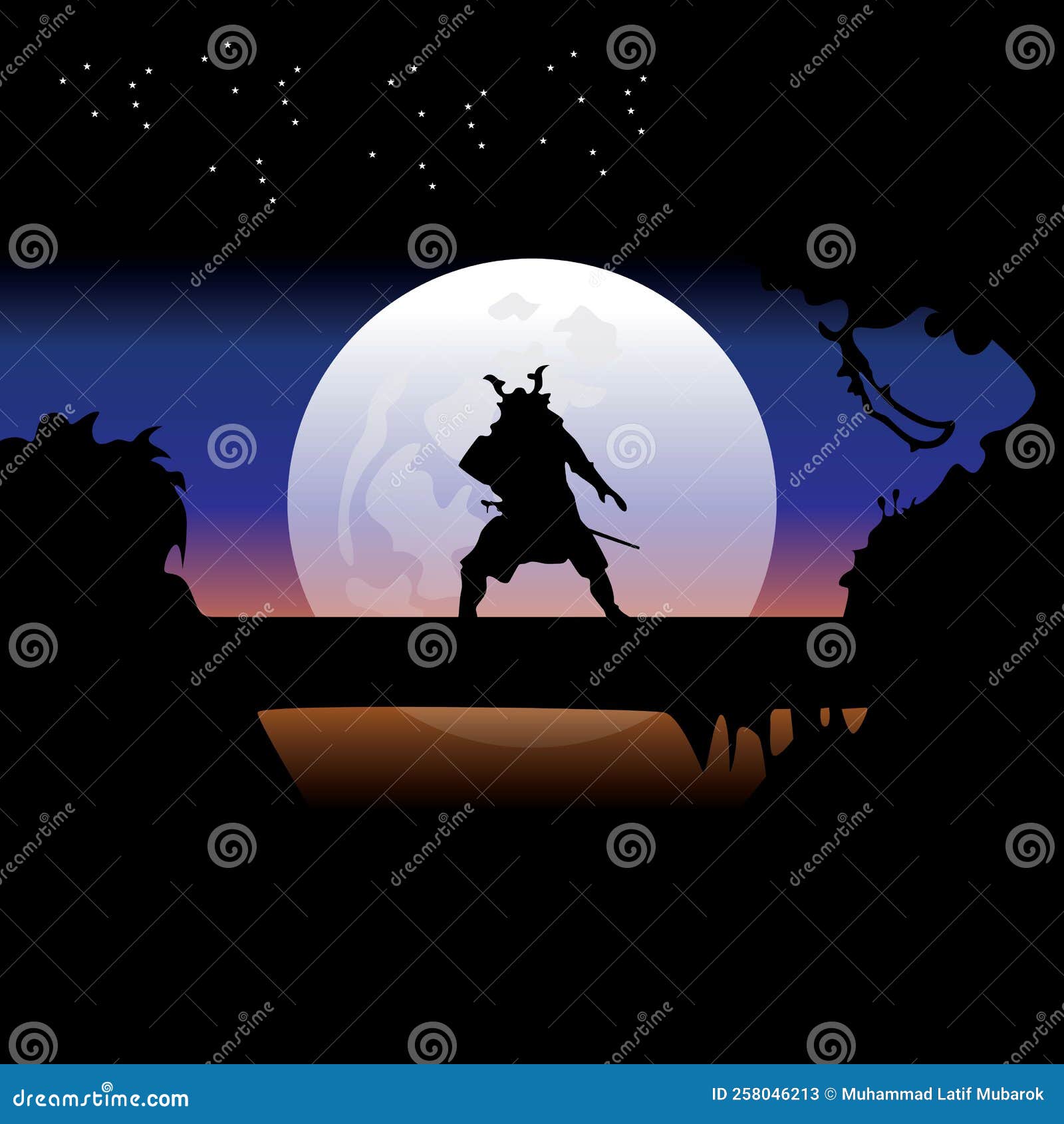 Samurai Training at Night on a Full Moon Stock Vector - Illustration of ...