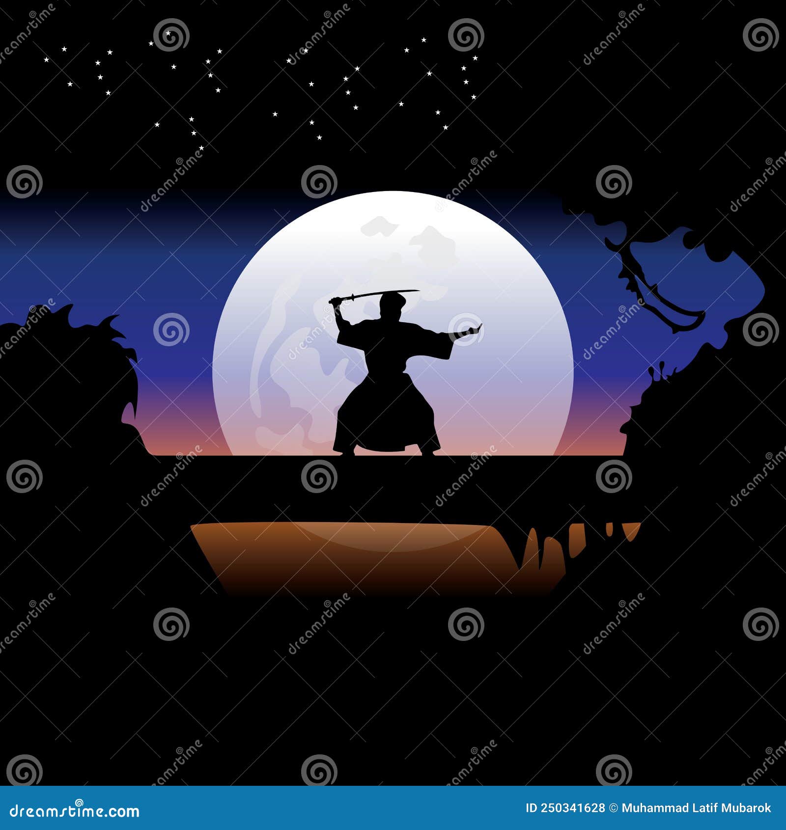 Samurai Training at Night on a Full Moon Stock Vector - Illustration of ...