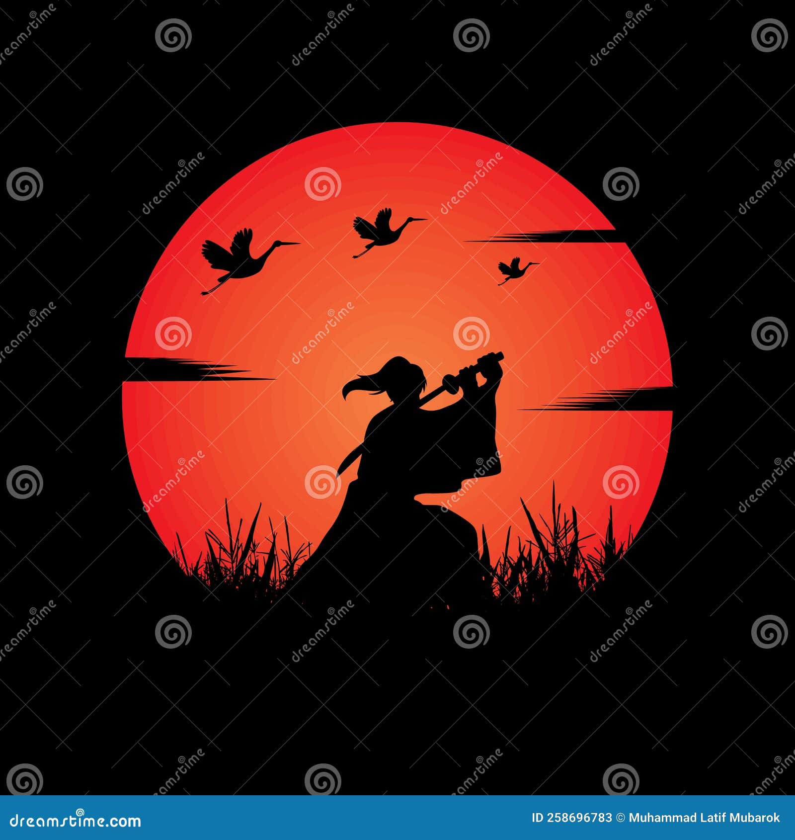 Samurai Training at Night on a Full Moon Stock Vector - Illustration of ...