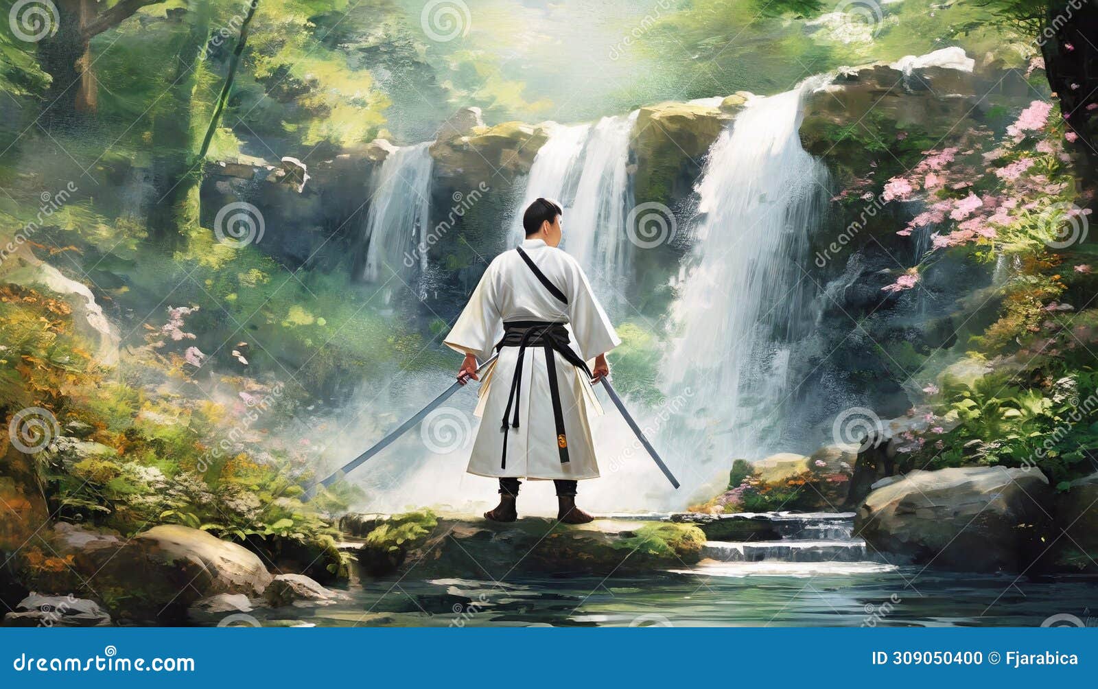 Samurai Training by a Waterfall Stock Illustration - Illustration of ...