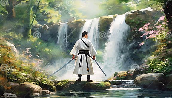 Samurai Training by a Waterfall Stock Illustration - Illustration of ...
