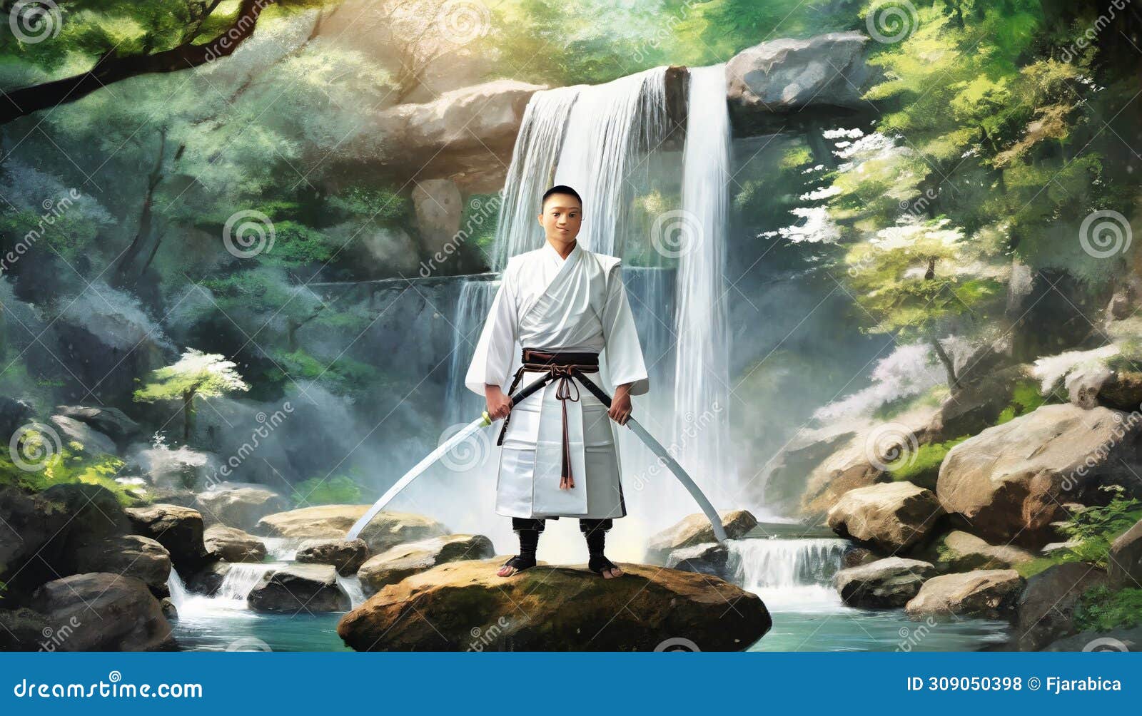 Samurai Training by a Waterfall Stock Illustration - Illustration of ...