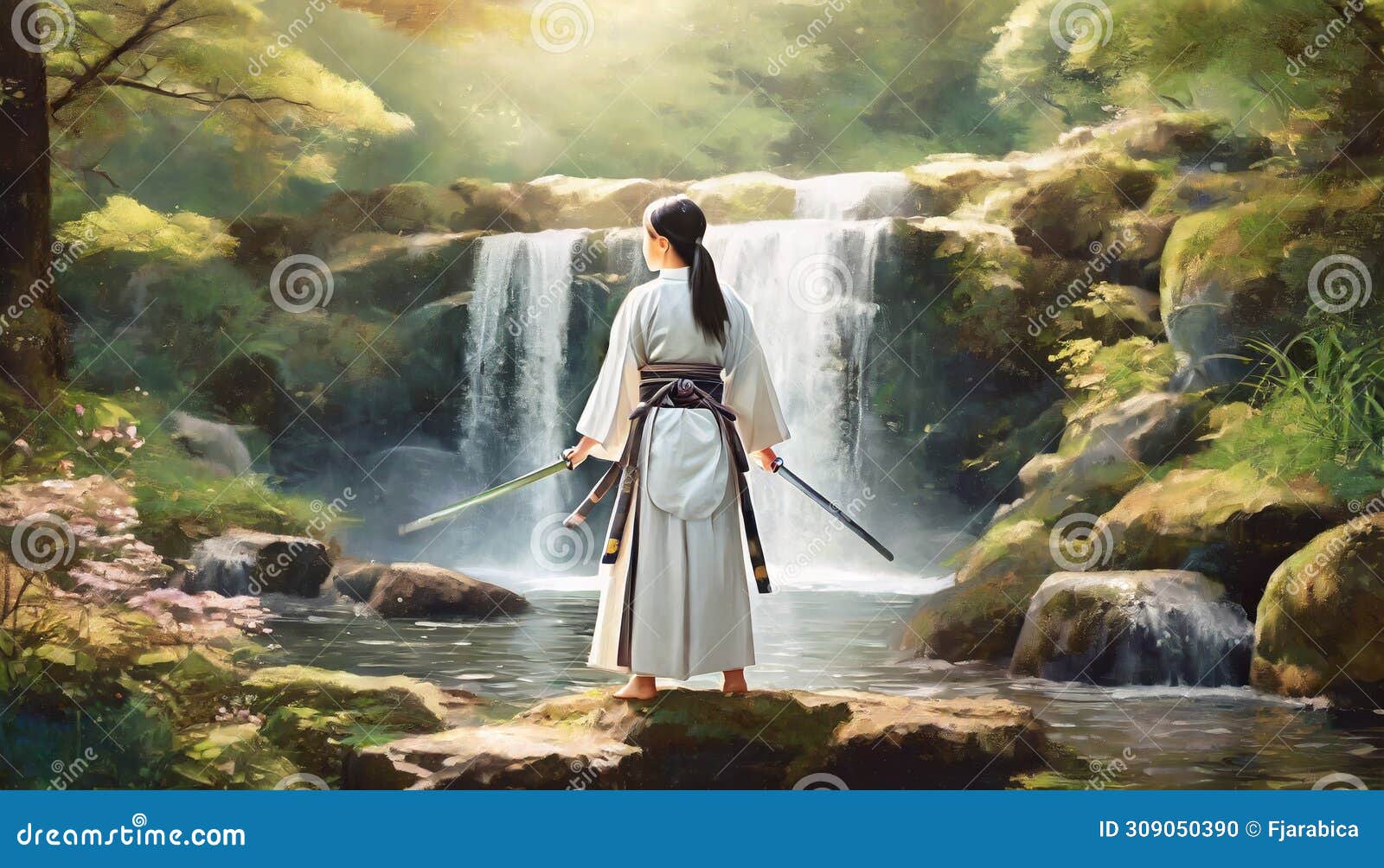 Samurai Training by a Waterfall Stock Illustration - Illustration of ...