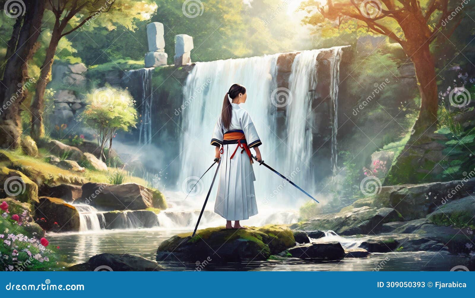 Samurai Training by a Waterfall Stock Illustration - Illustration of ...