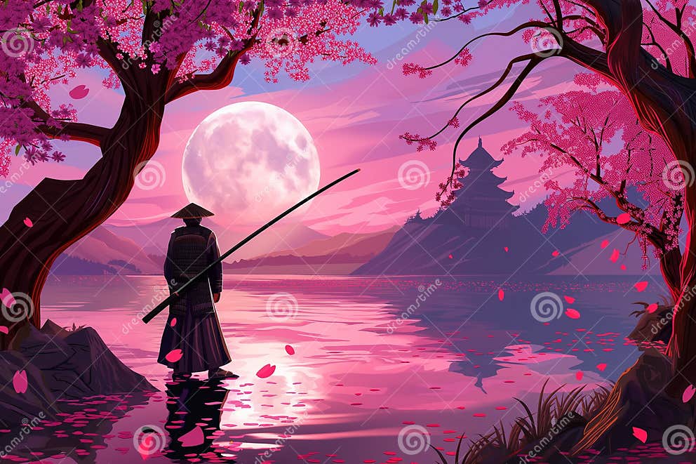 Samurai by Tranquil Lake Under Full Moon with Cherry Blossoms Stock ...