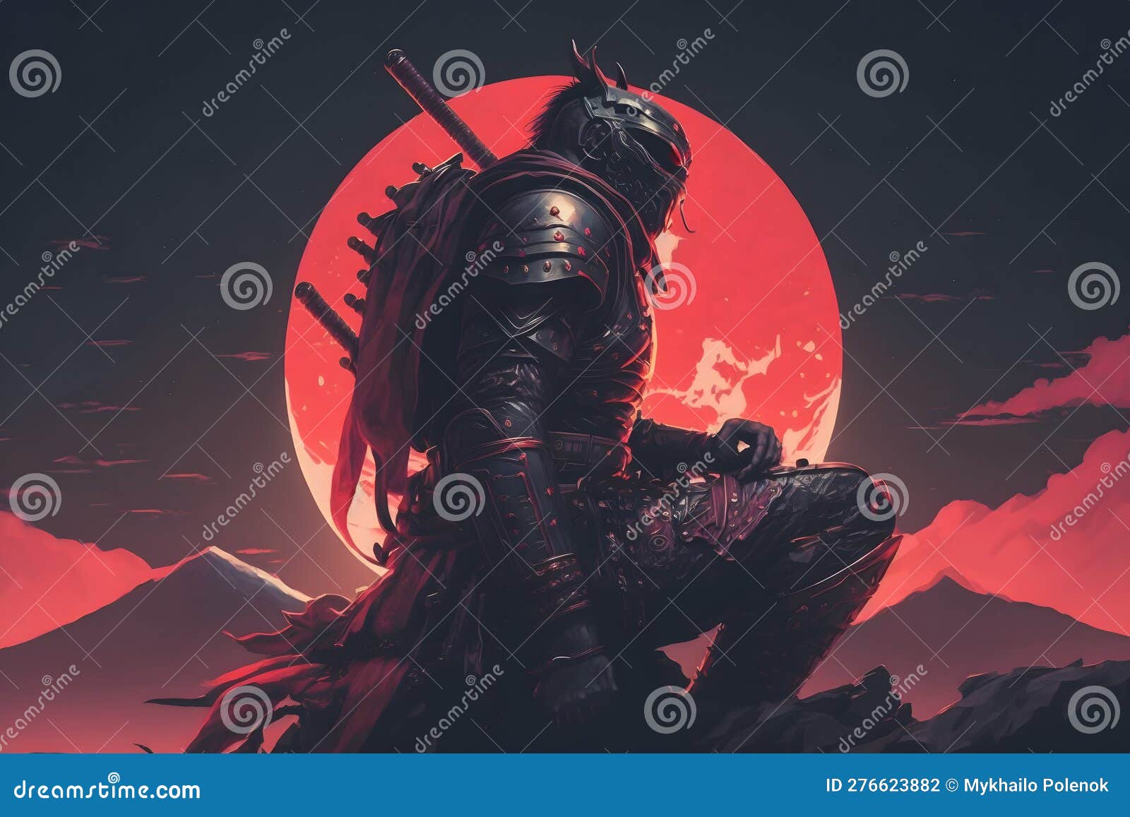 Samurai Warrior on the Background of the Moon. Cartoon Fantasy Stock ...