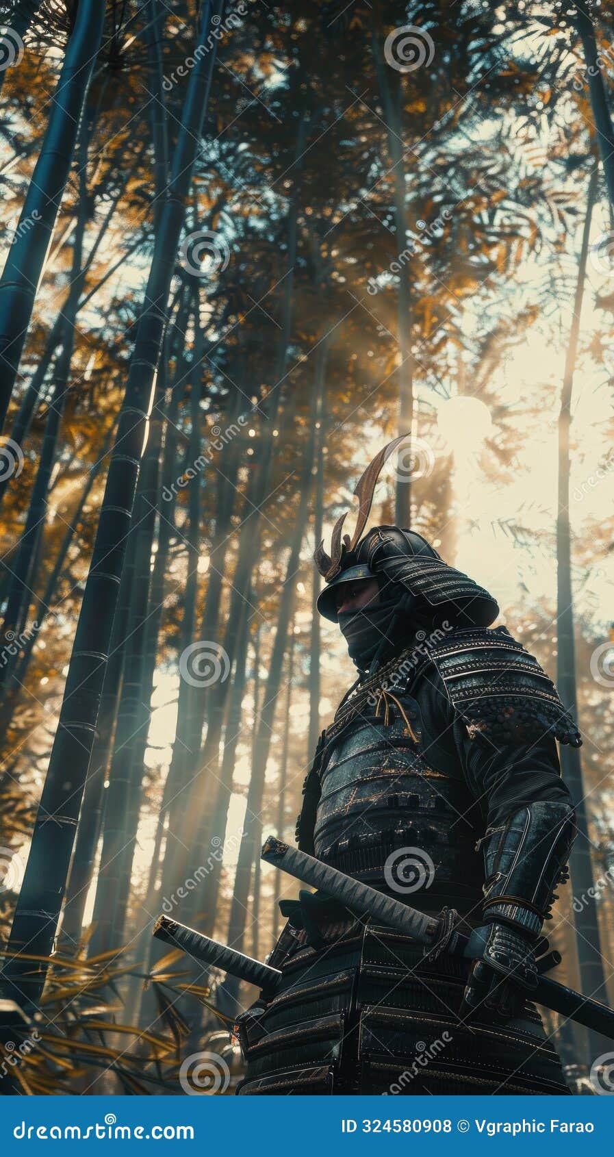 Samurai Warrior in Bamboo Forest with Sunrays Filtering through ...