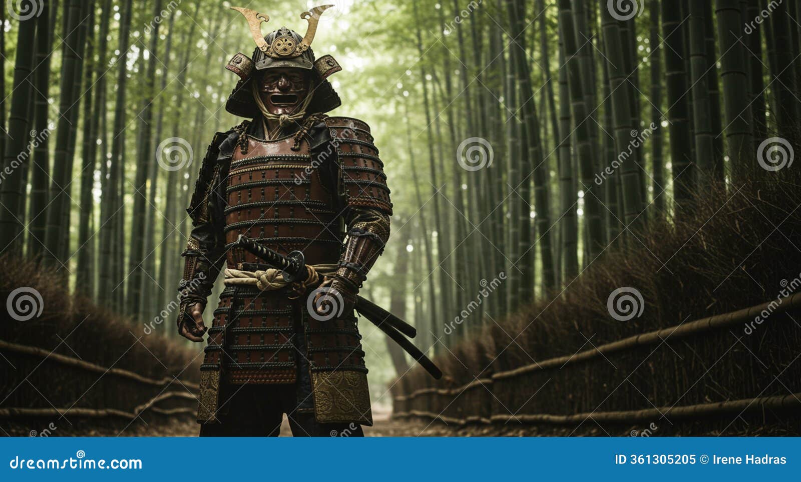 Samurai Warrior Clad in Traditional Armor Stands Amidst a Serene Bamboo ...