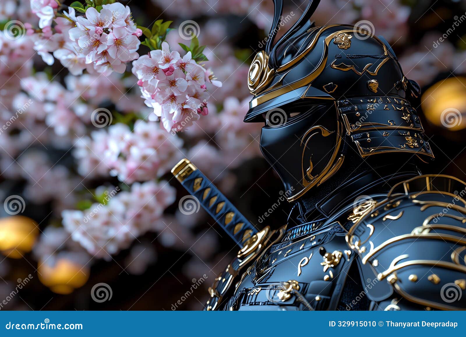 A Samurai Warrior in Full Armor Standing before a Cherry Blossom Tree ...