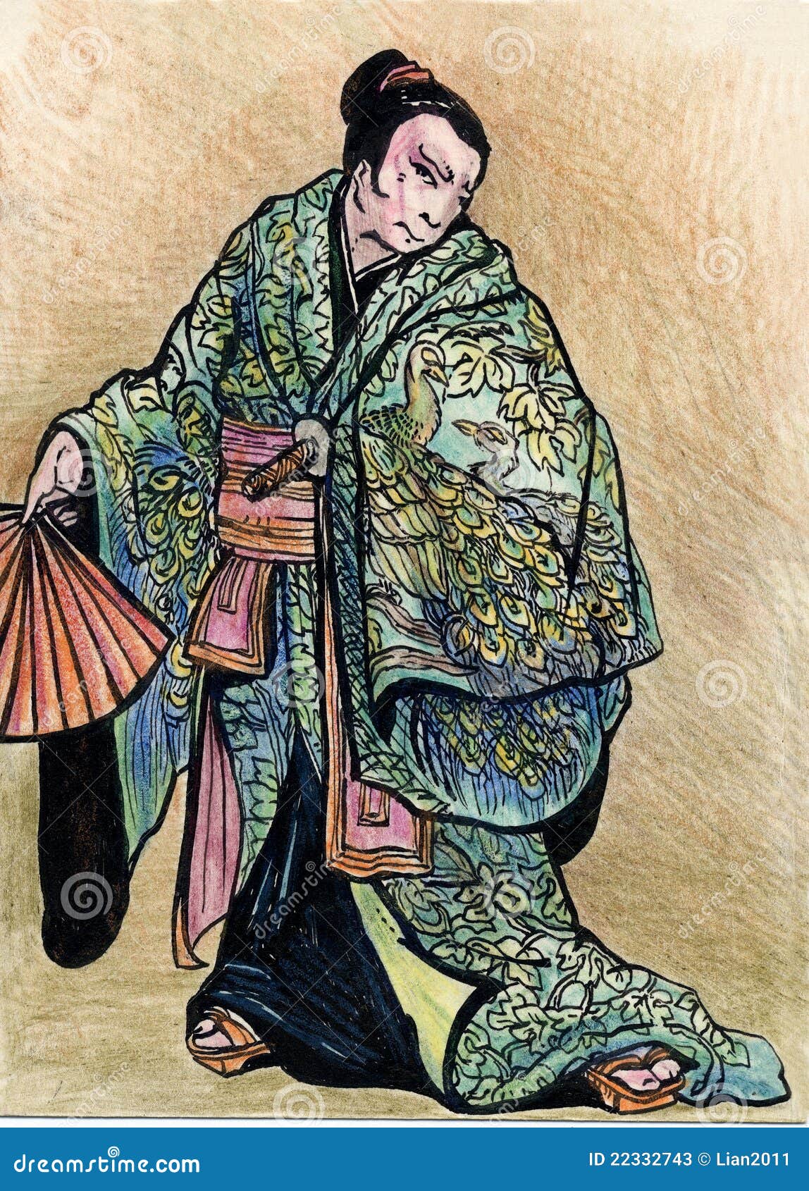 Samurai Warrior with Katana Sword and Fan Stock Illustration ...