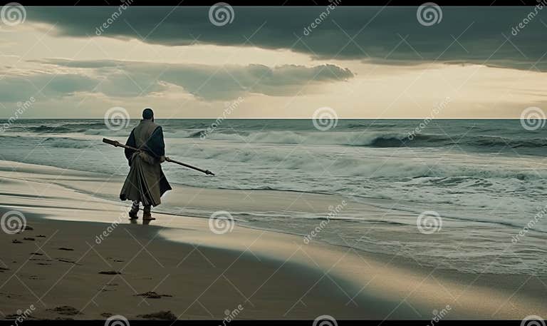 Samurai Warrior Meditates in Peaceful Beach Creating Using Generative ...