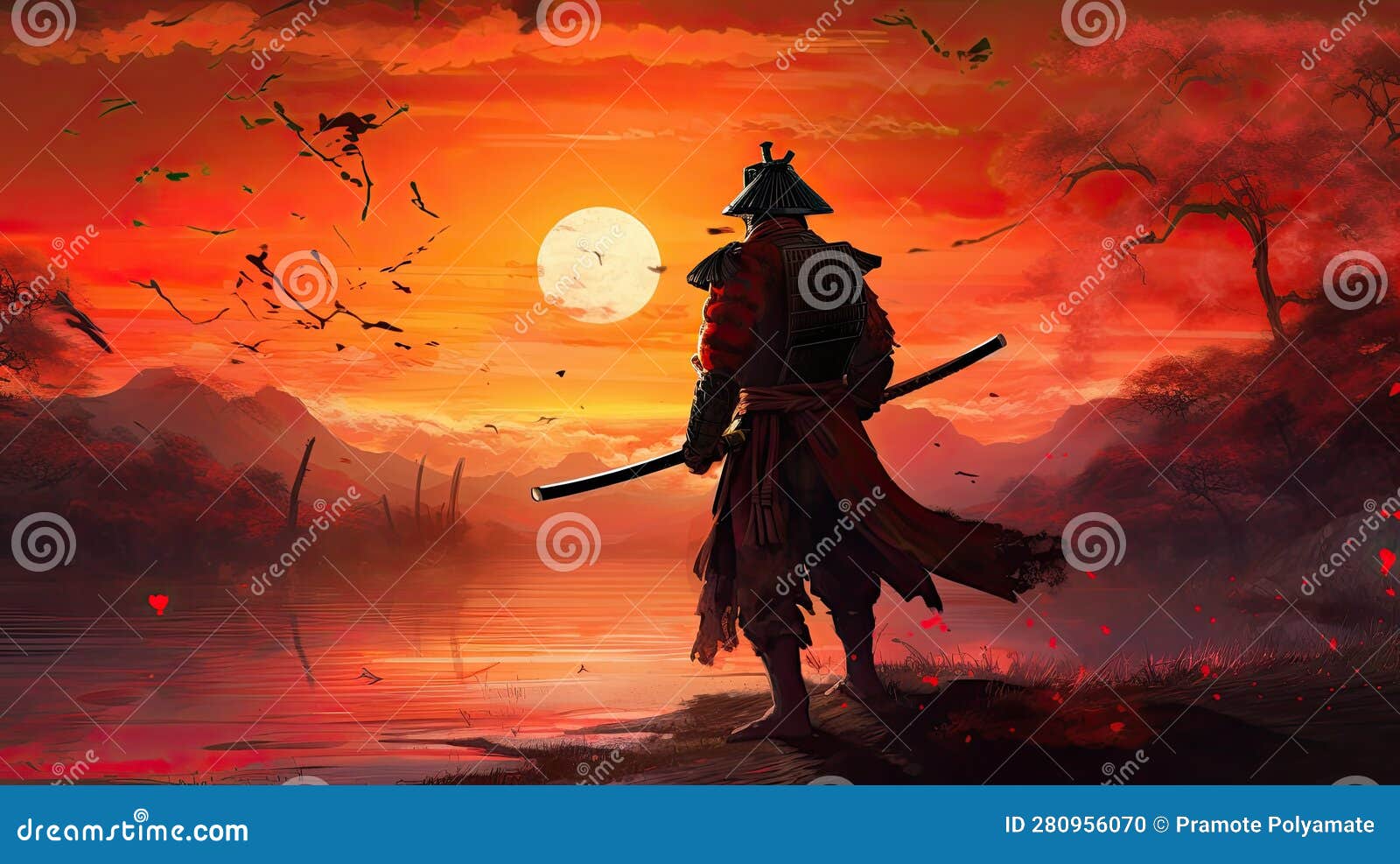 A Samurai Warrior at Sunset. Japanese Samurai Stock Illustration ...