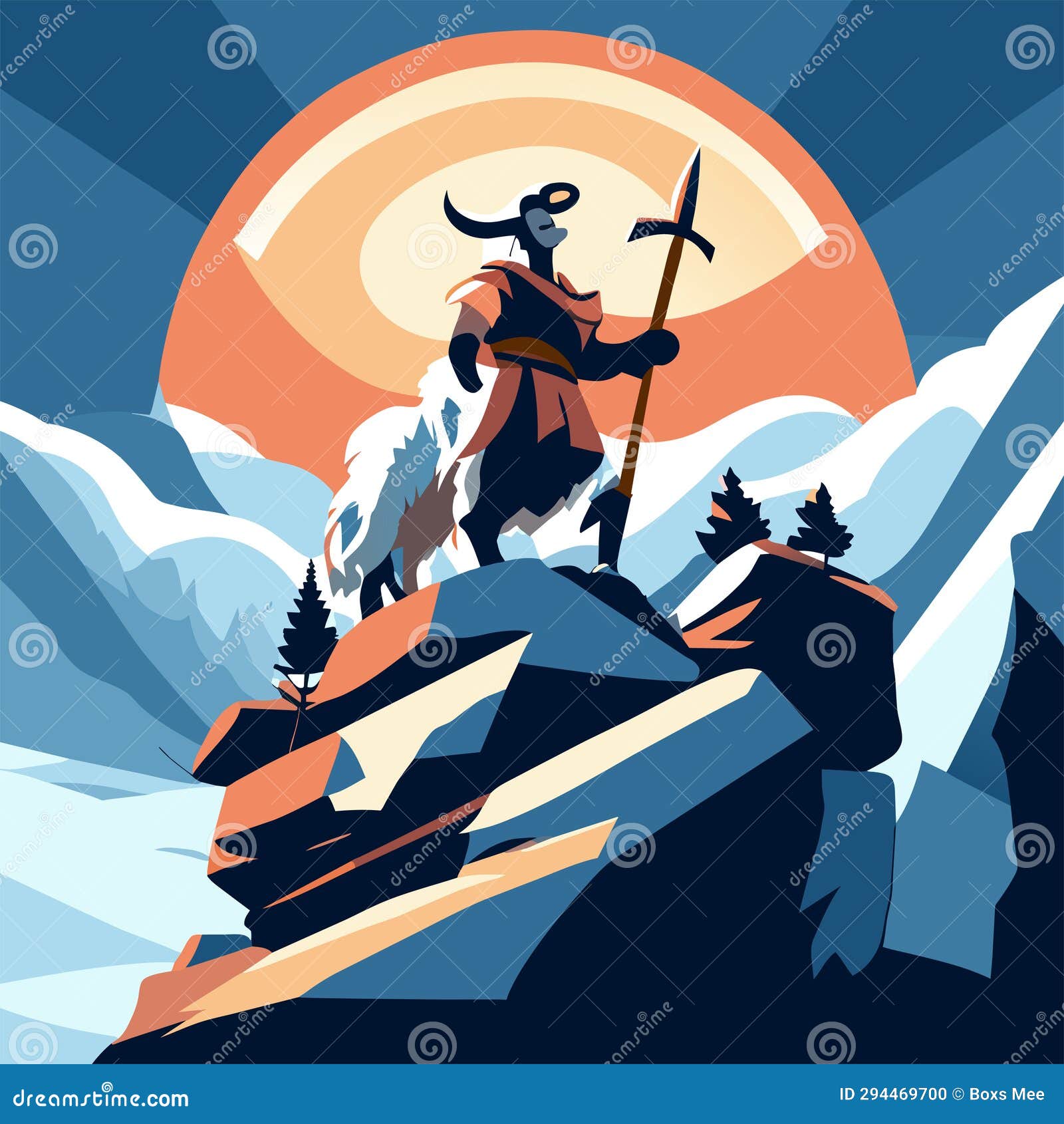 Samurai Warrior on Top of the Mountain. Vector Illustration in Flat ...