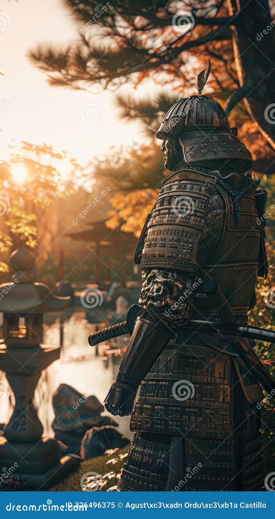 Samurai Warrior by Tranquil Pond at Sunset Stock Image - Image of ...