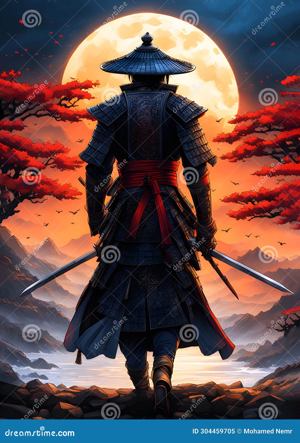 Samurai Warrior Watching the Moonlight Stock Illustration ...