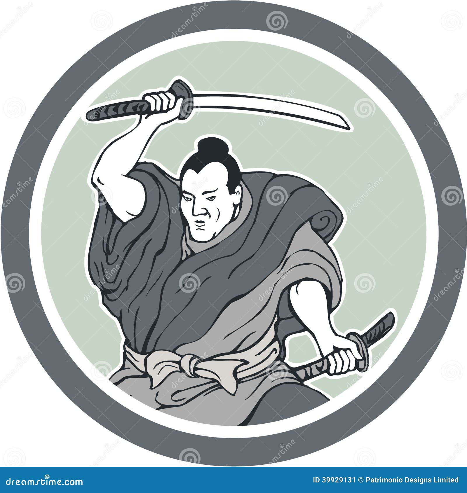 Samurai Warrior Wielding Katana Sword Circle Stock Illustration ...