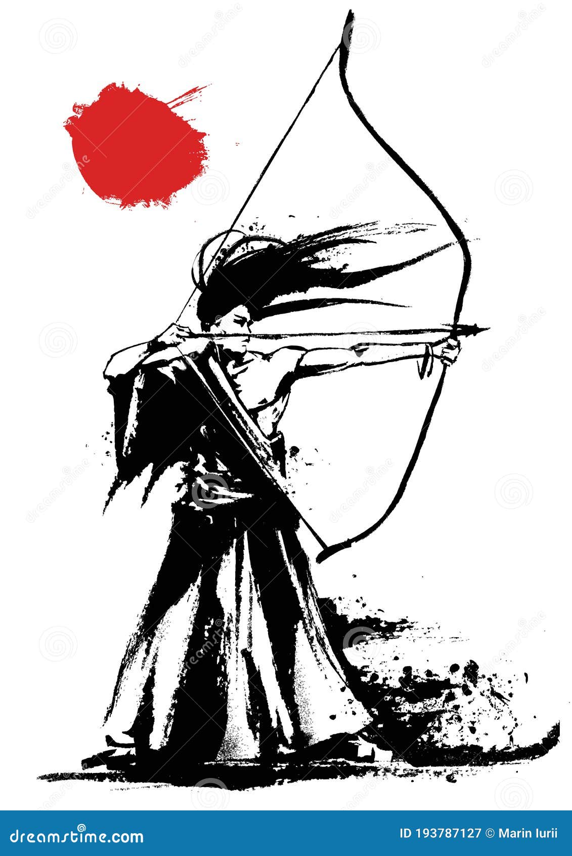 A Samurai in the Wind with a Long Bow Pulling an Arrow, on a White ...