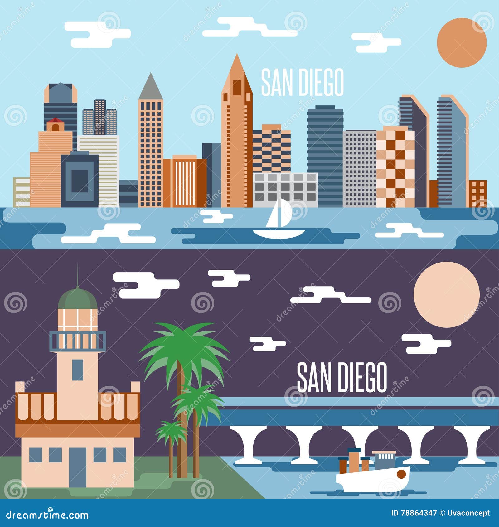 San Diego Landmarks Horizontal Flat Design Vector Stock Vector ...