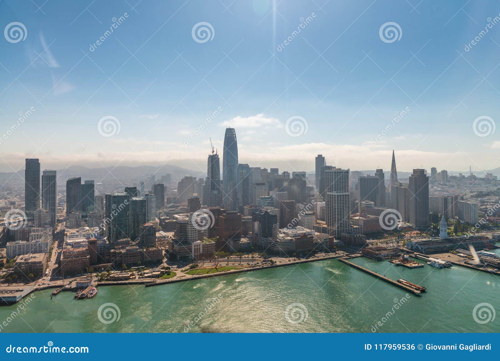 San Francisco Aerial Skyline from Helicopter, Backlit View Stock Photo ...
