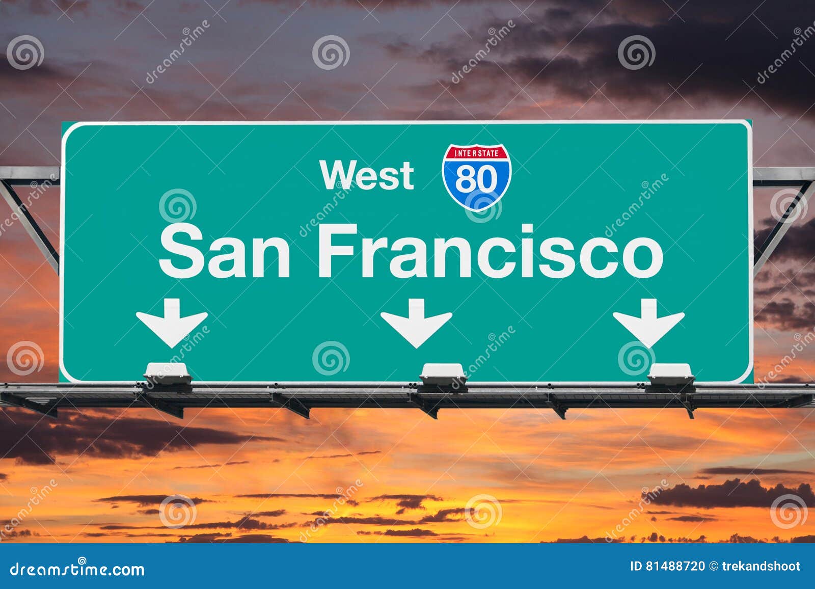 San Francisco Interstate 80 West Highway Sign with Sunrise Sky Stock ...
