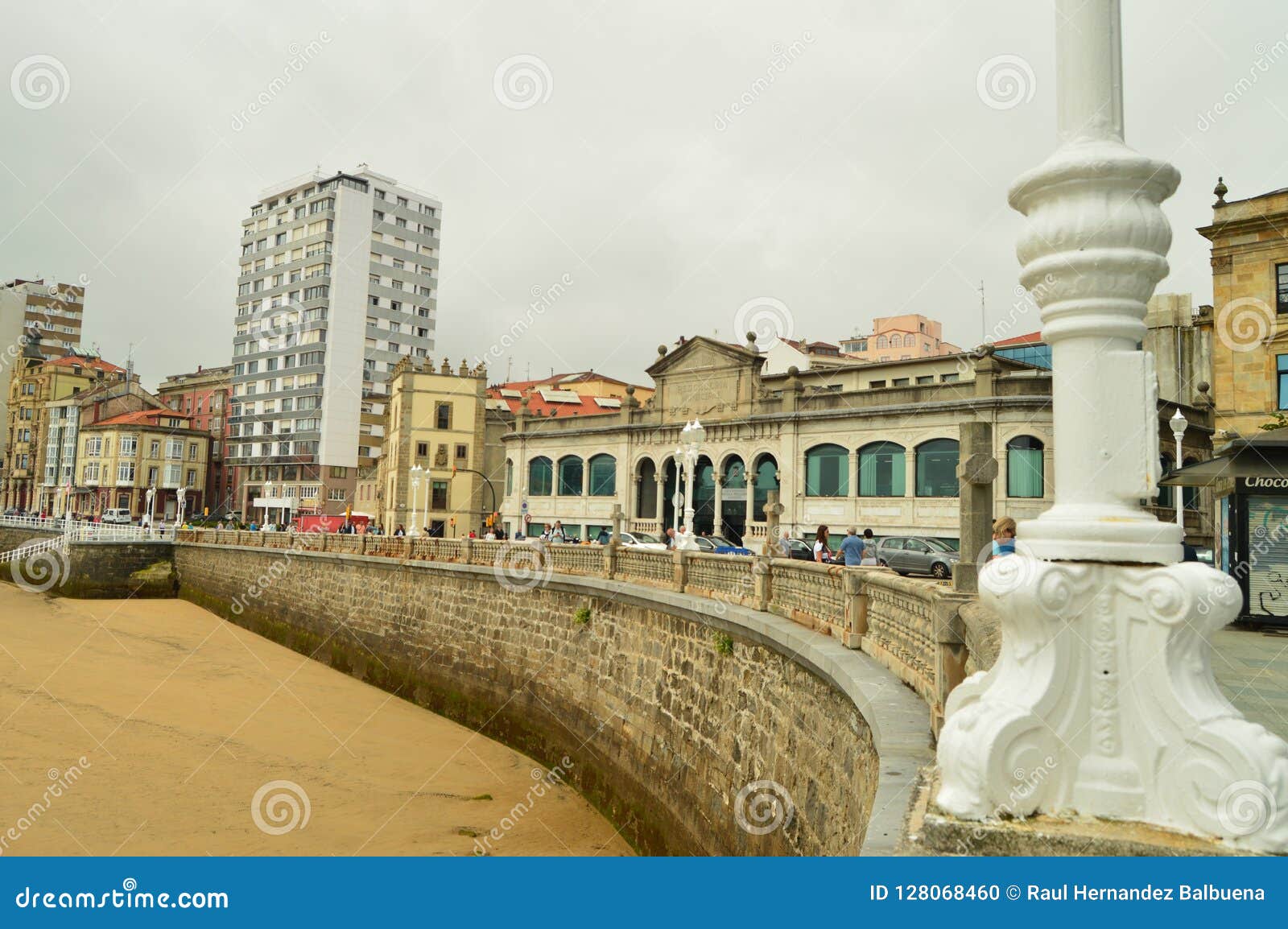 San Lorenzo Beach with Its Market Building Looking at the Sea in Gijon ... San Lorenzo Beach with Its Market Building Looking at the Sea in Gijon ...
