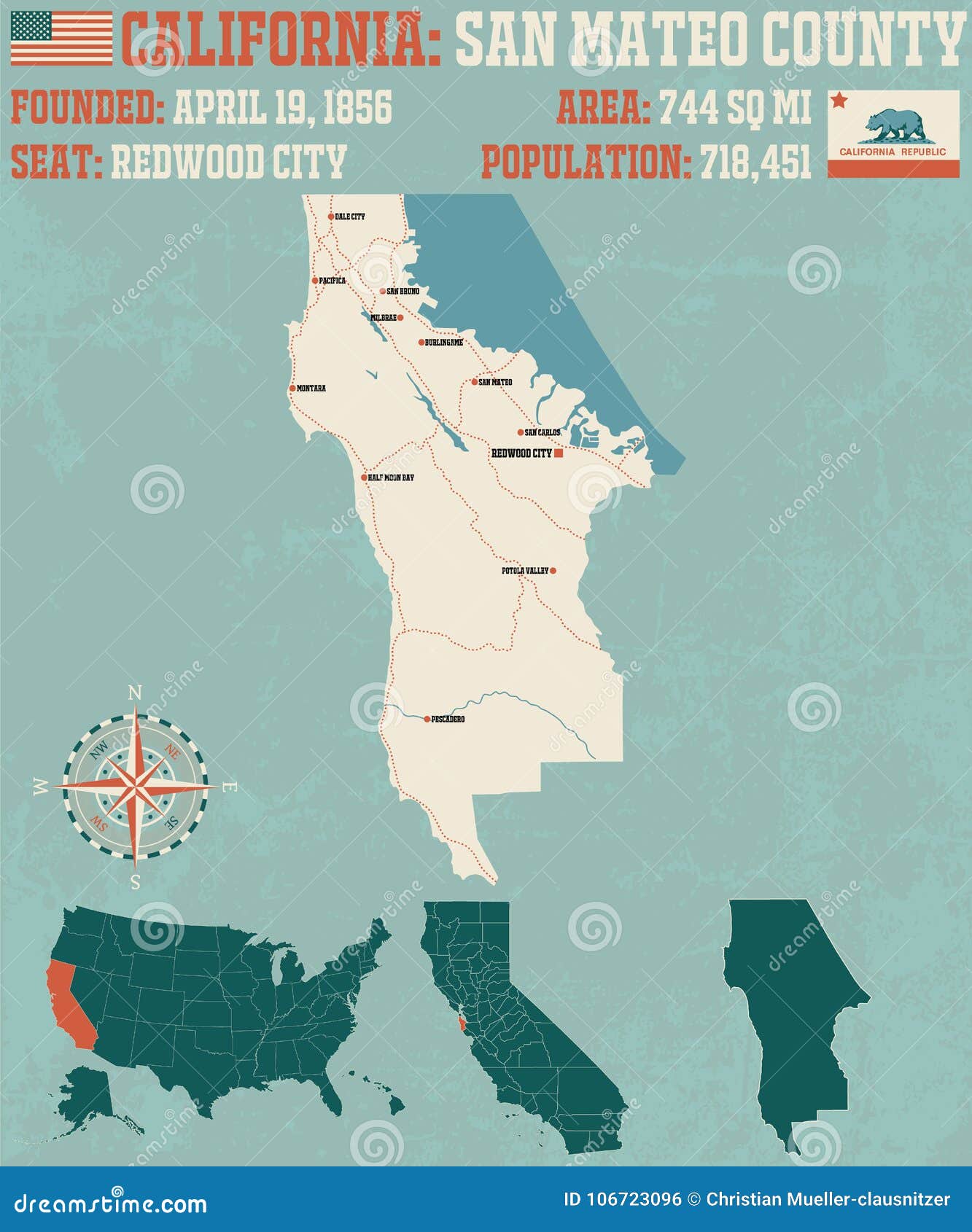 San Mateo County in California. Stock Vector - Illustration of brown ...