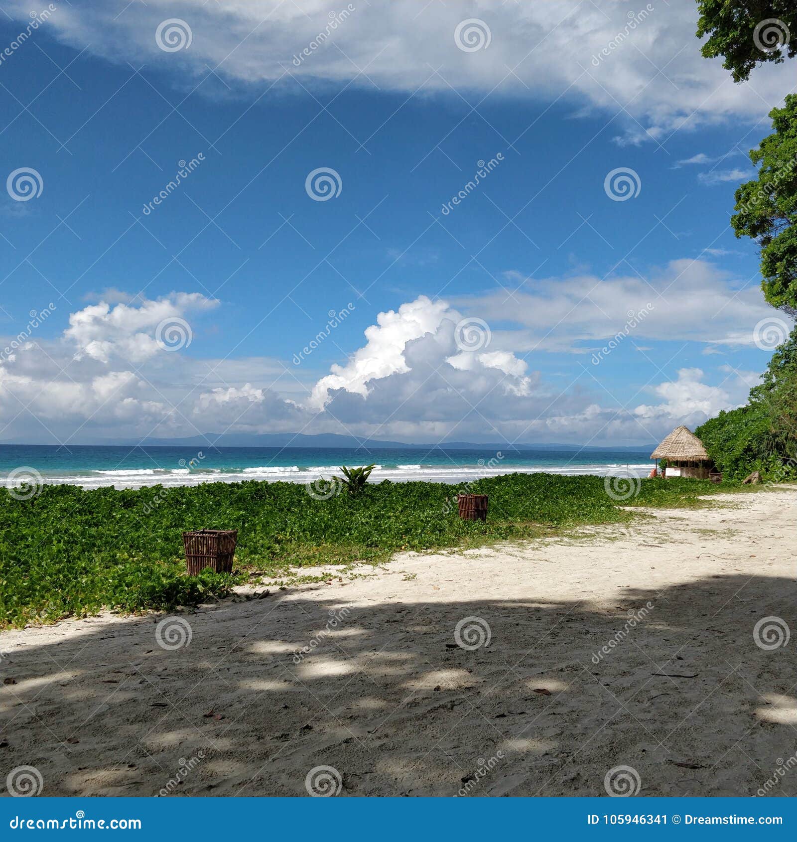 Sand Beach Clouds Trees Sea Stock Image - Image of clouds, beach: 105946341