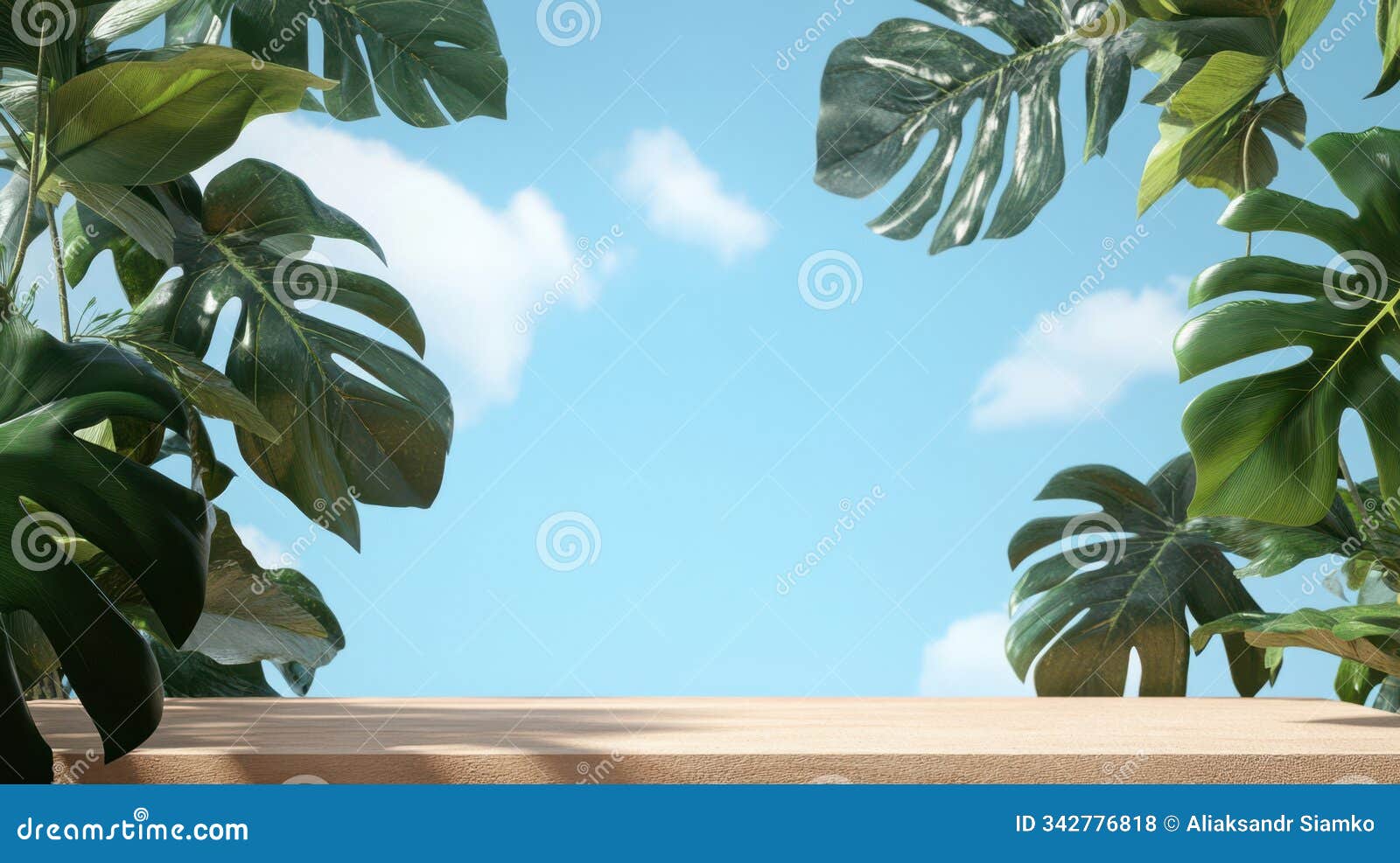 Sand Beach Platform with Monstera Leaves Blue Sky Background Blank ...