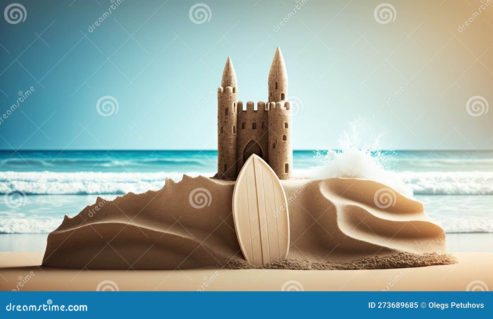 A Sand Castle on a Beach with a Surfboard in the Sand Stock ...