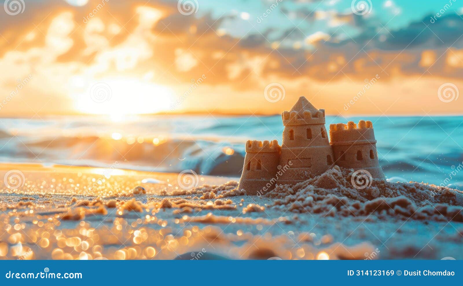 A Sand Castle is Built on the Beach with the Sun Shining on it Stock ...