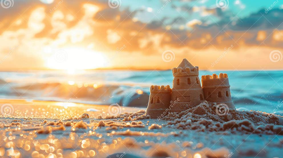 A Sand Castle is Built on the Beach with the Sun Shining on it Stock ...