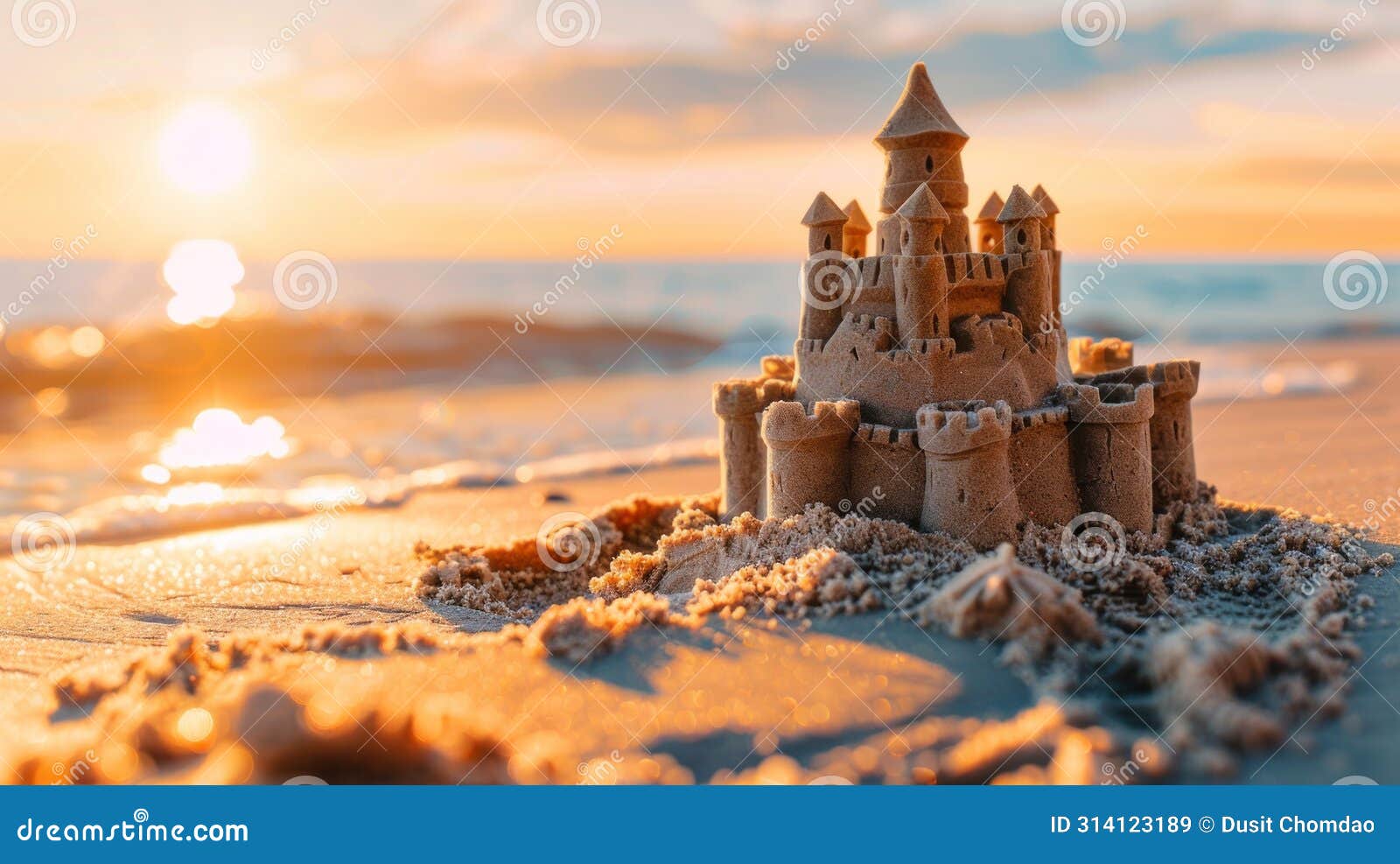 A Sand Castle is Built on the Beach with the Sun Shining on it Stock ...