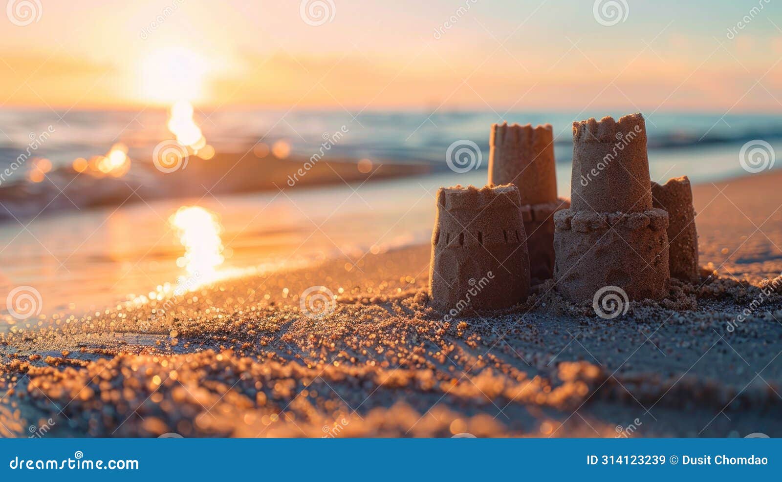A Sand Castle is Built on the Beach with the Sun Shining on it Stock ...