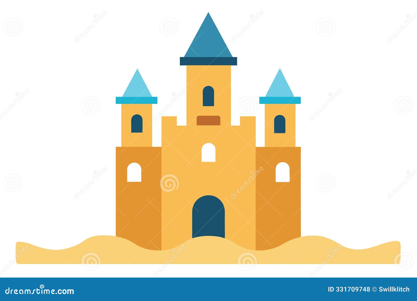 Sand Castle Cartoon Drawing in Flat Style. Composition with Beautiful ...