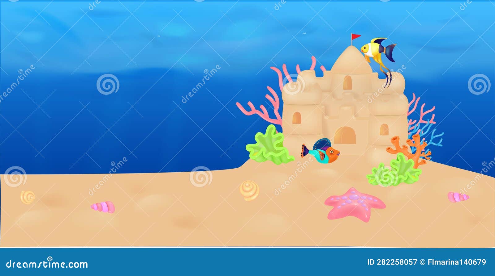 A Sand Castle with a Flag Under the Water. Sea Creatures, Corals, Small ...