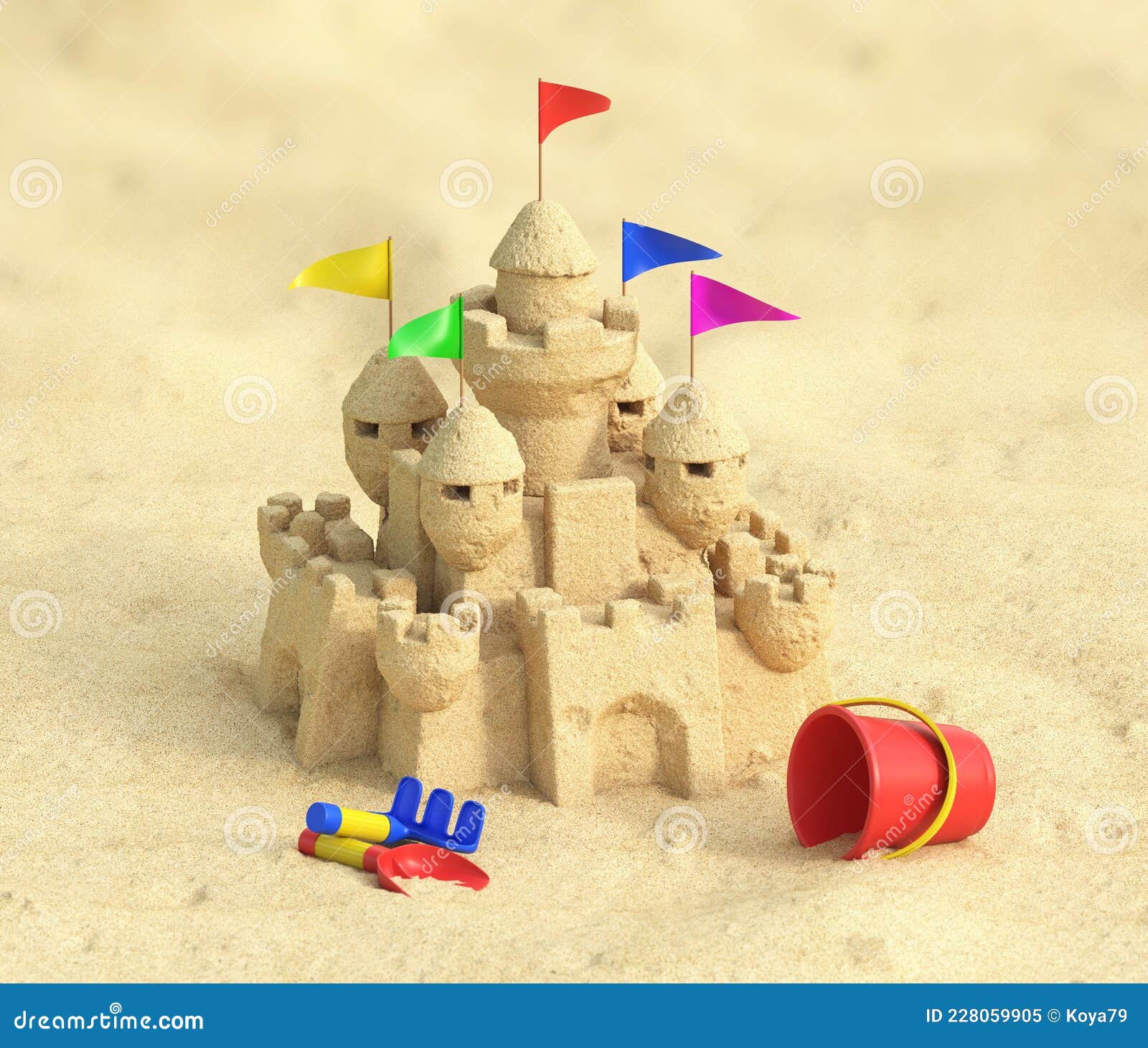 Sand Castle with Kids Sand Toys Set 3d Rendering Stock Illustration ...