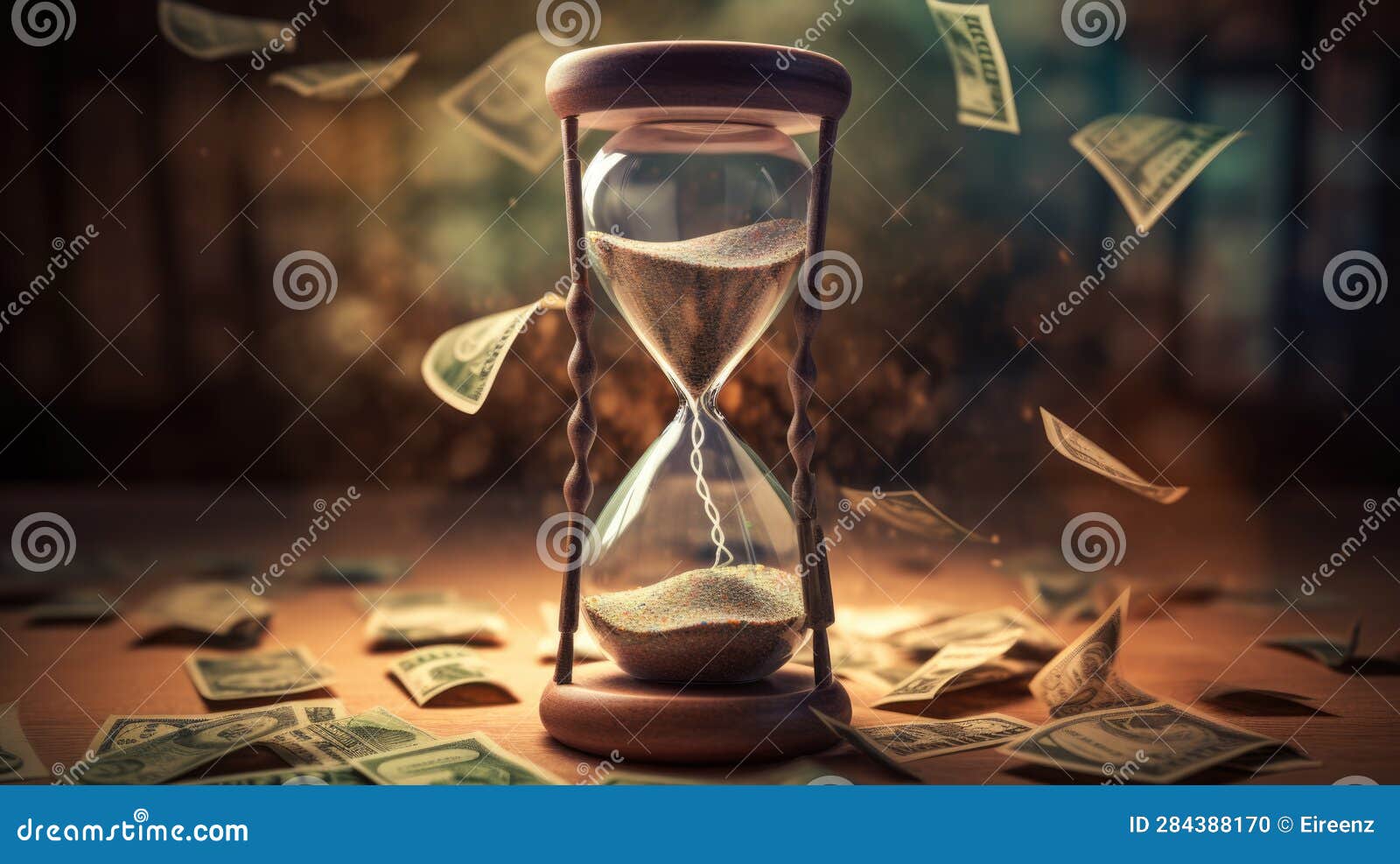 Sand Clock with Flying Money on Background. Time is Money Concept Stock ...