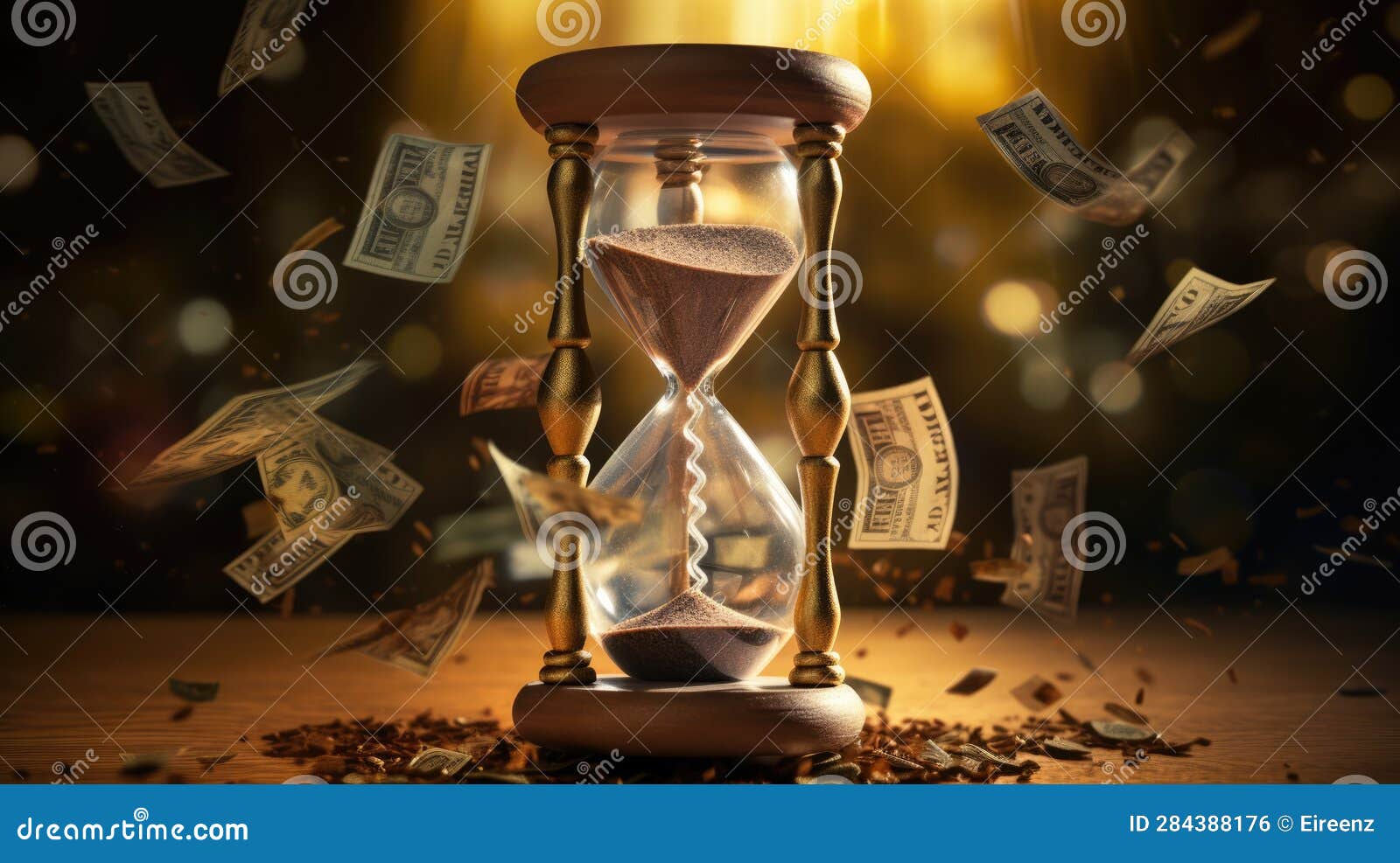 Sand Clock with Flying Money on Background. Time is Money Concept Stock ...