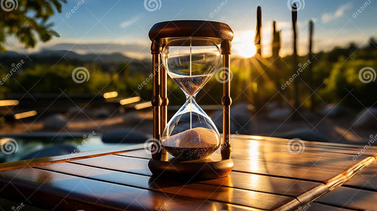 A Sand Clock on a Table. Generative AI. Stock Image - Image of action ...