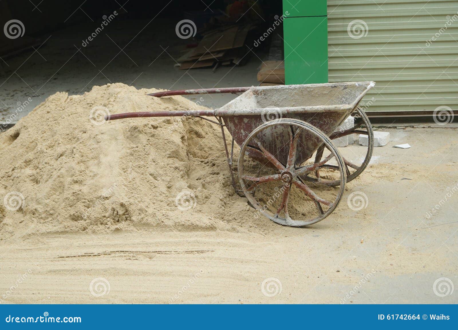 The Sand on the Construction Site and Cart Stock Photo - Image of pile ...