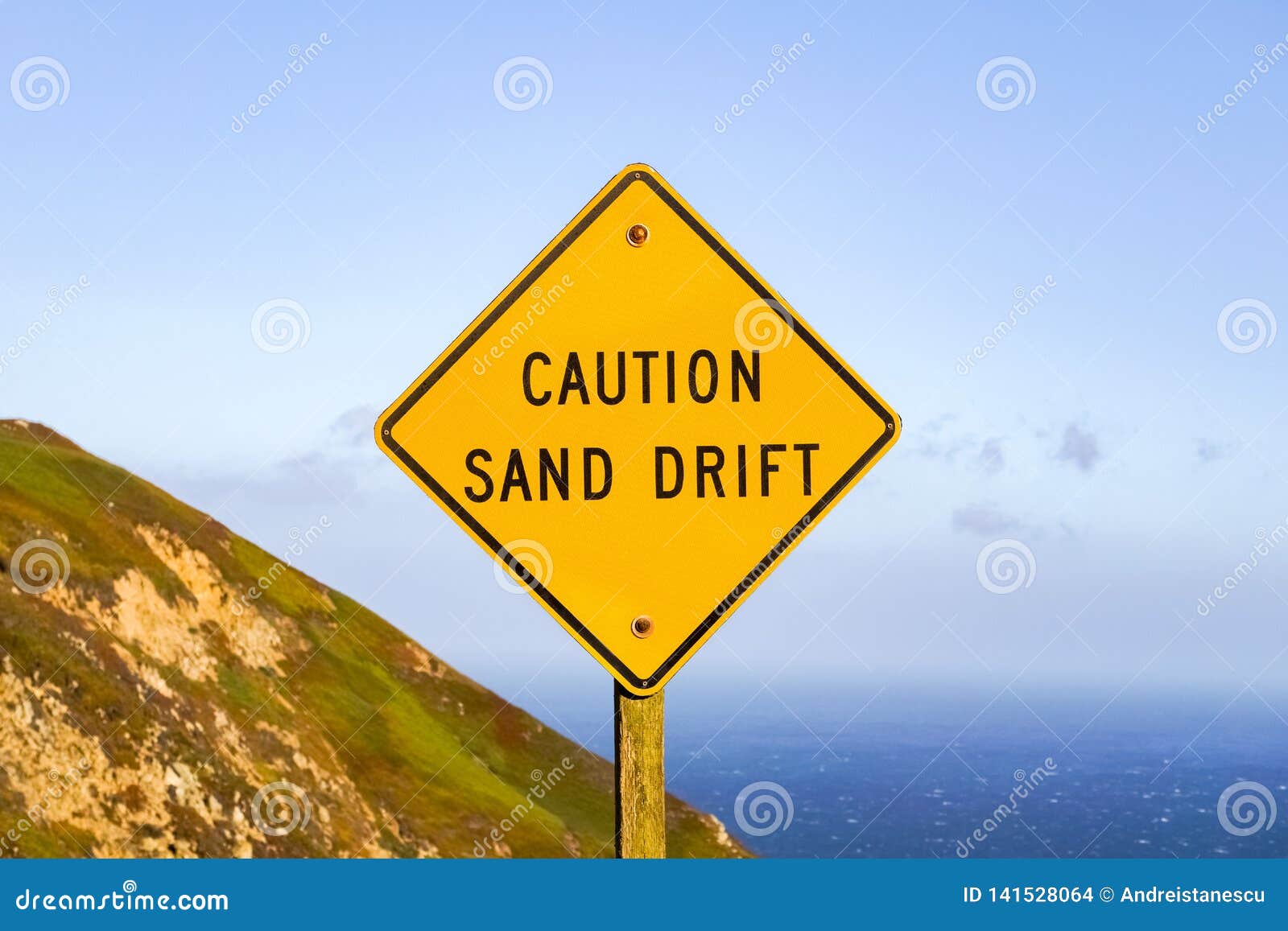 Sand Drift Sign on the Pacific Ocean Coast, California Stock Photo ...