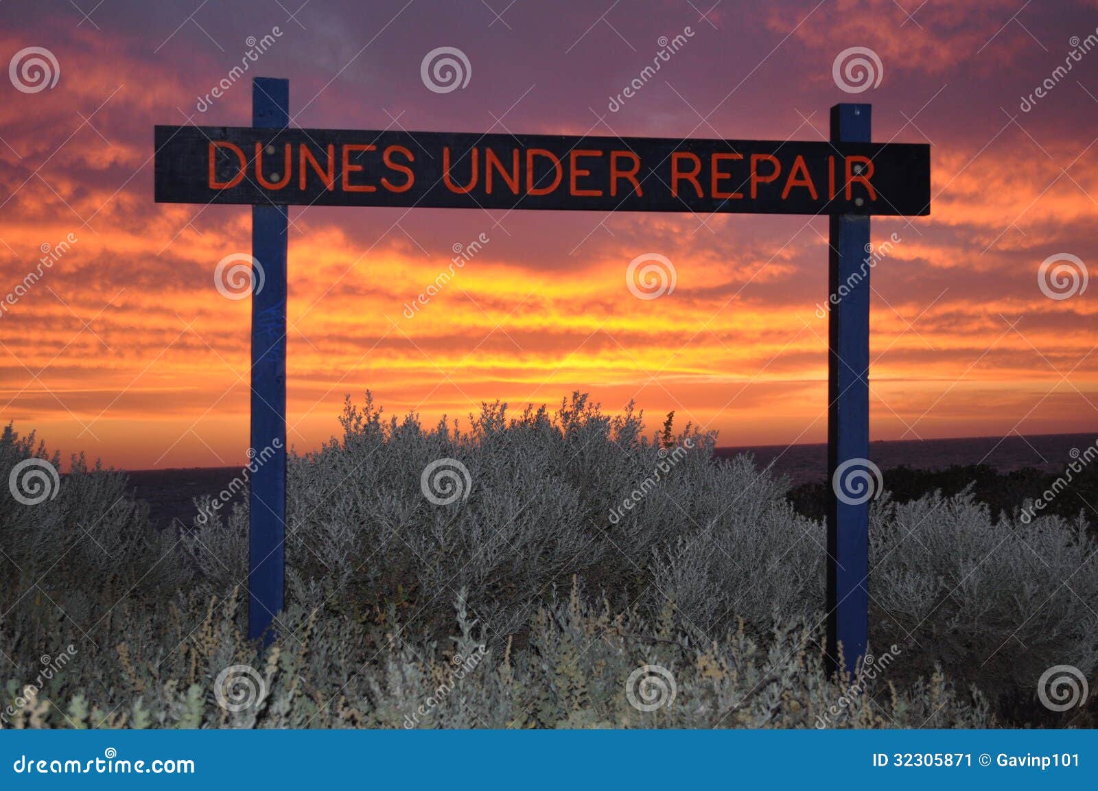 Sand Dunes Under Repair Sign at Sunset Stock Image - Image of warning ...