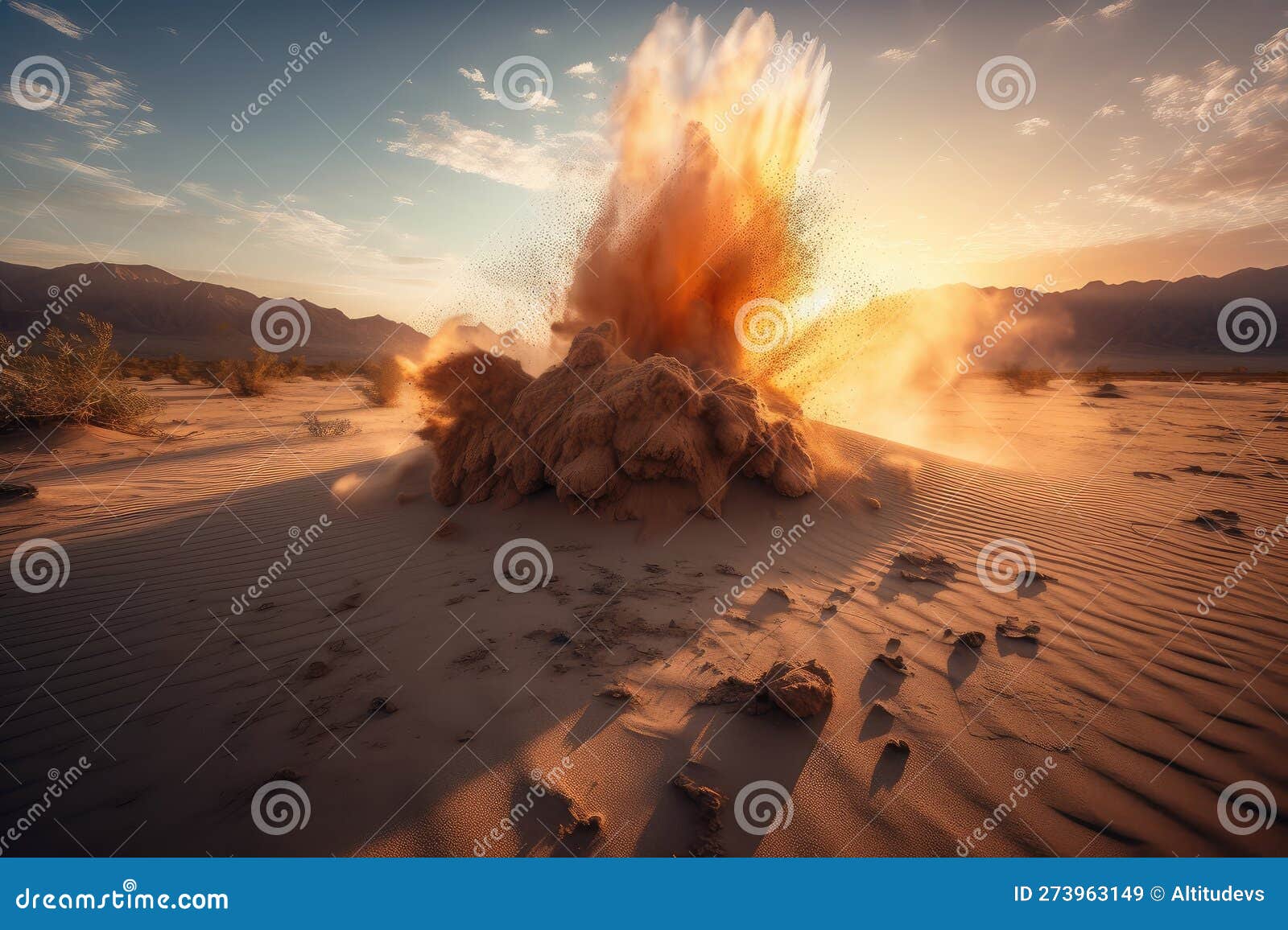 Sand Explosion in a Desert Landscape during Sunset Stock Illustration ...