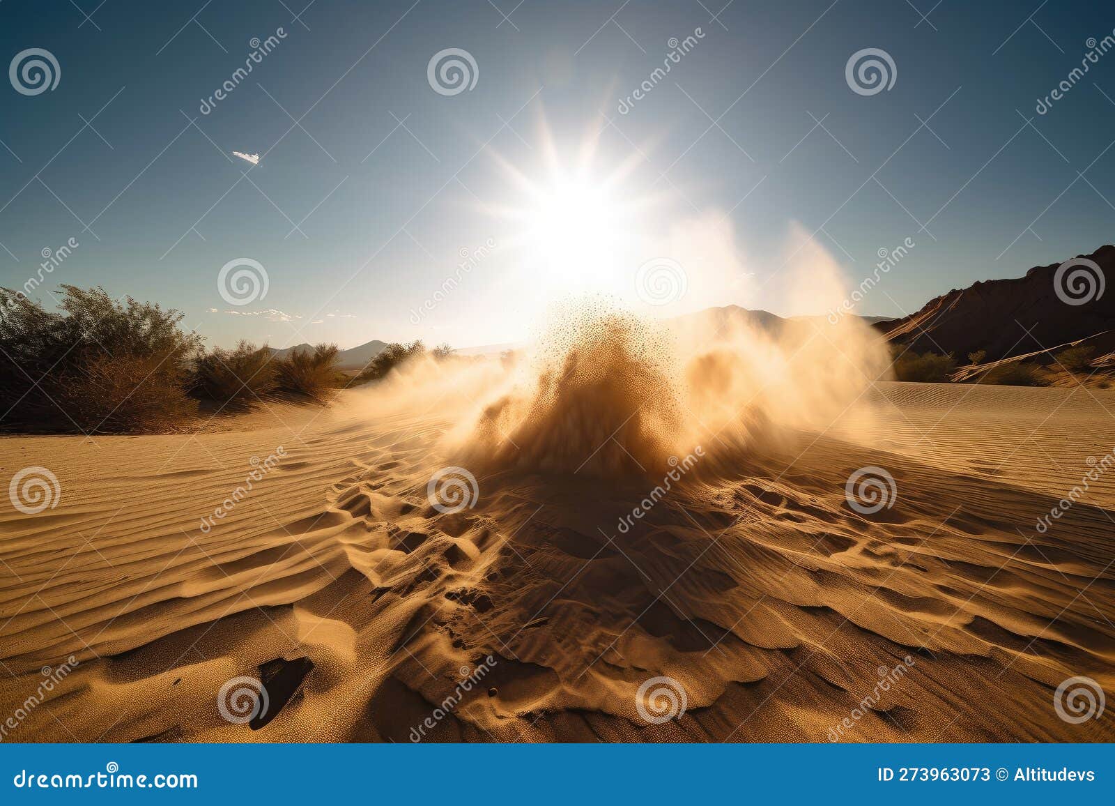 Sand Explosion in a Desert Setting, with the Sun Shining Overhead Stock ...