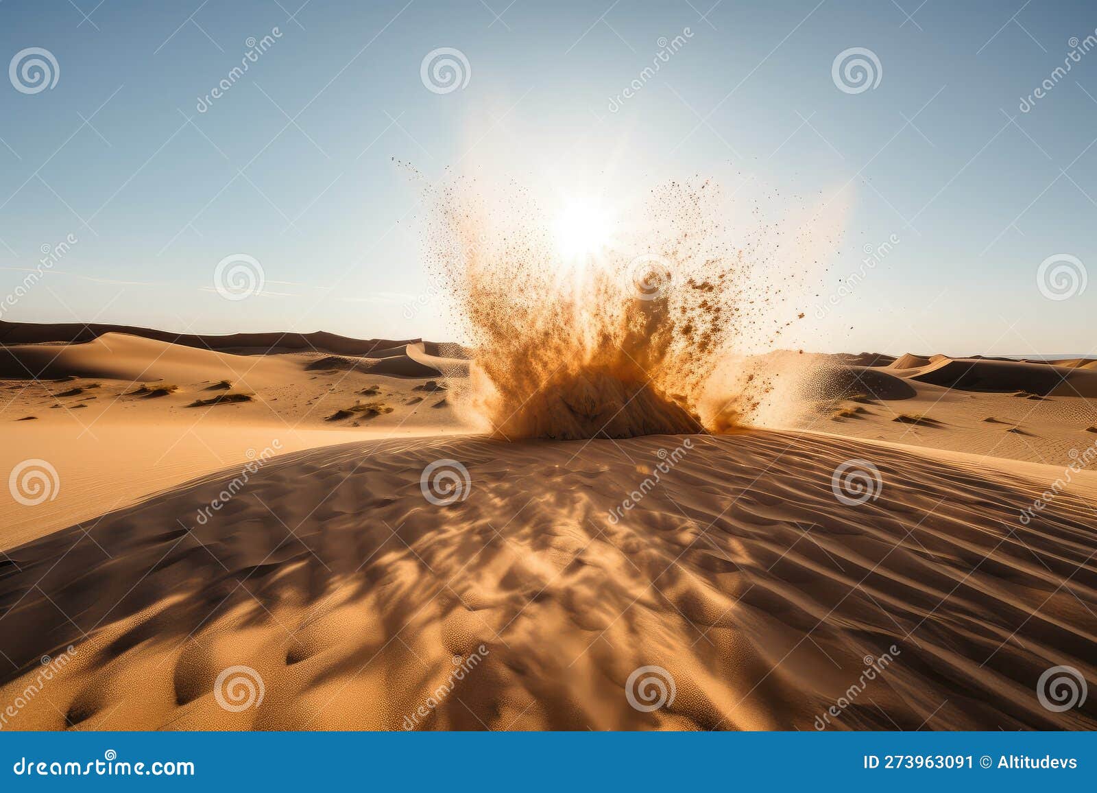 Sand Explosion in a Desert Setting, with the Sun Shining Overhead Stock ...