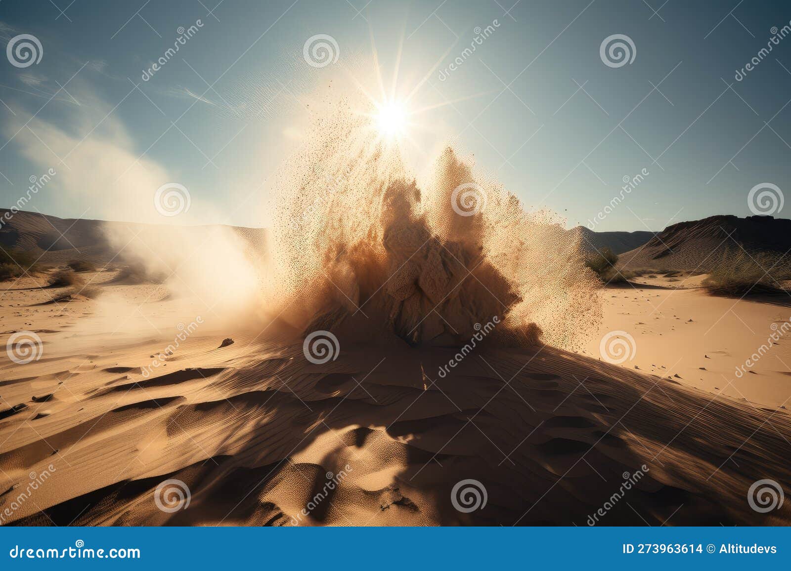 Sand Explosion in a Desert, with the Sun Shining Above Stock Photo ...