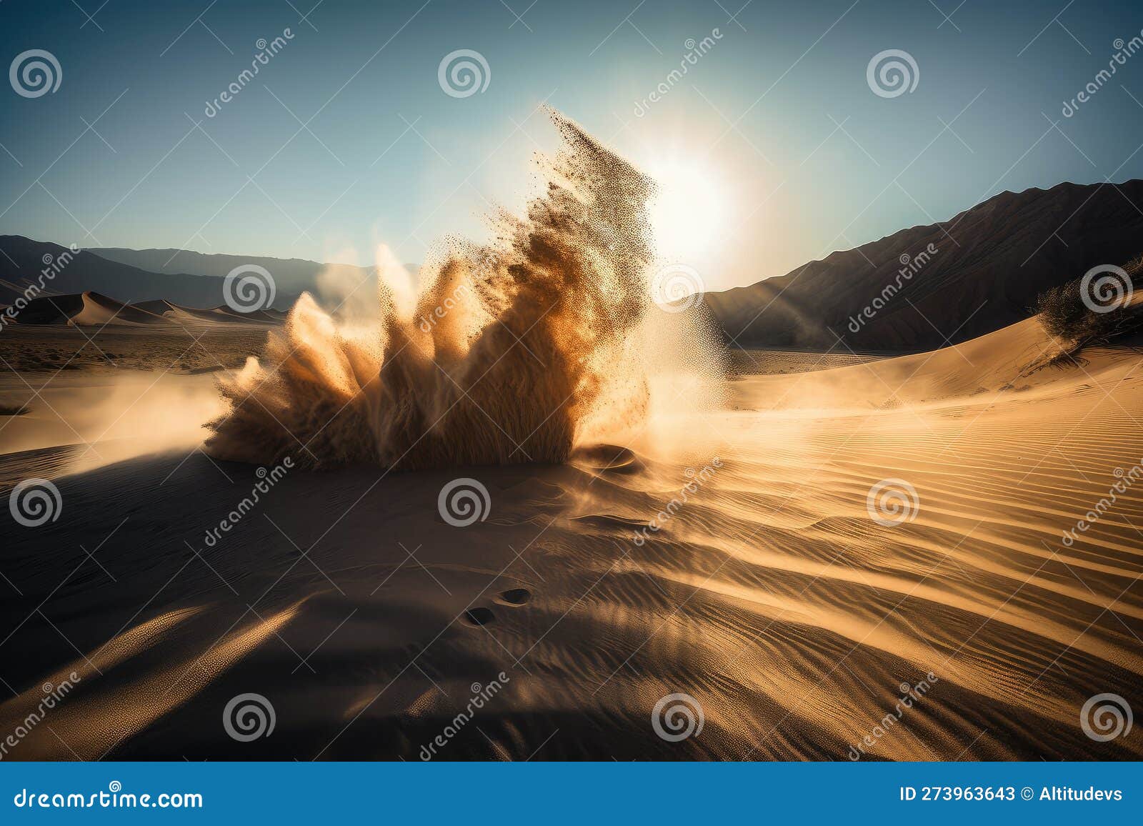Sand Explosion in a Desert, with the Sun Shining Above Stock Image ...