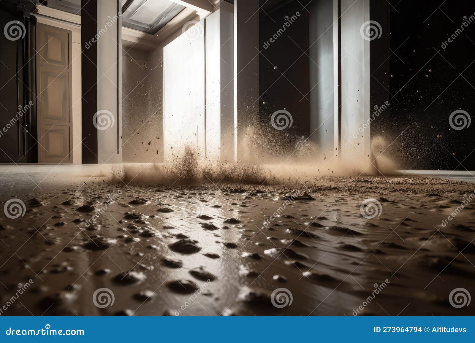 Sand Explosion Effect on Vinyl Floor, with Visible Footprints and Dust ...